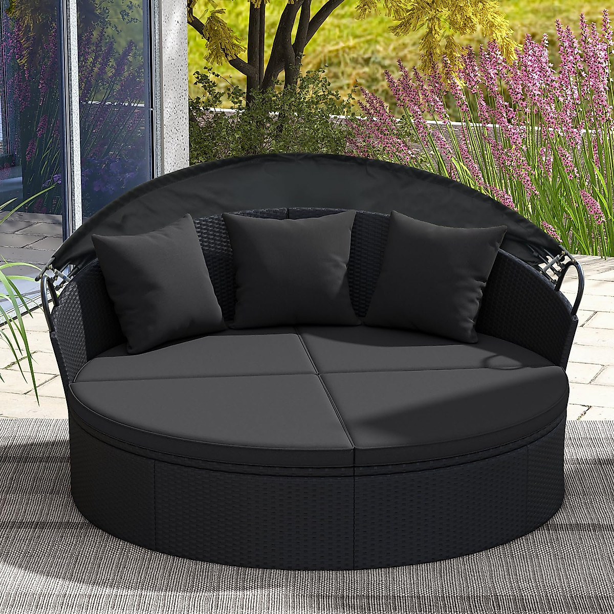 HAPPYGRILL Patio Round Daybed with Retractable Canopy, Separated Seating Sectional Wicker Sofa with Cushions & Pillows, Clamshell Daybed for Backyard Porch Poolside