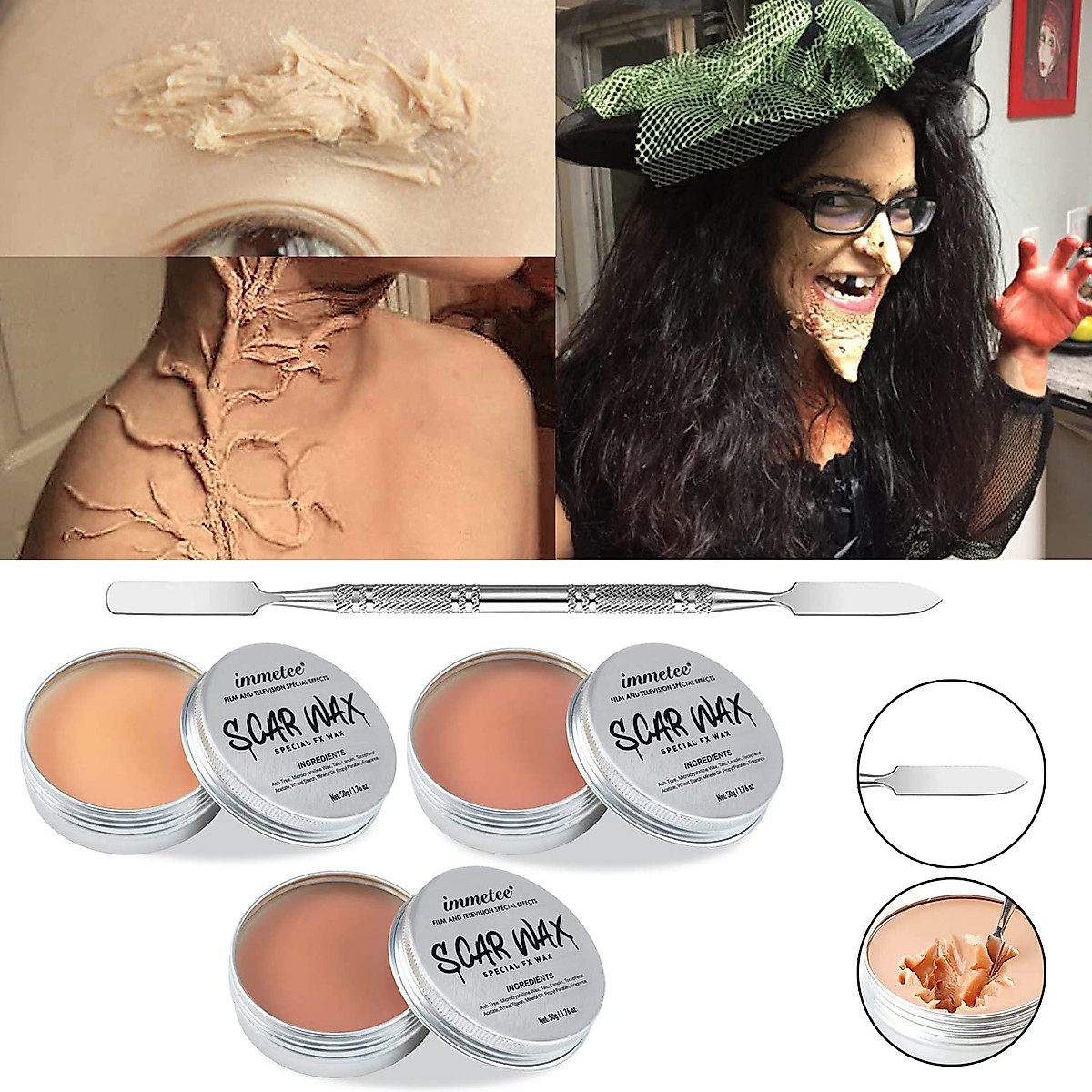 immetee Scar Wax SFX Makeup Kit, Face & Body Paint, Christmas Halloween Makeup Kit, Fake Blood, Painting Brushes, Spatula, Stipple Sponge, Stage Theatrical Party Cosplay, Carnival