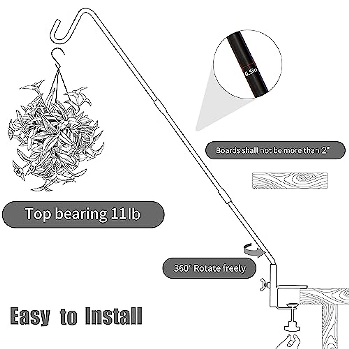 Juegoal Heavy Duty Deck Hook with 2 Inch Non Slip Clamp, 25 to 36 Inch Extended Reach Deck Hook, Adjustable Rail Pole Plant Bracket for Hanging Bird Feeder, Plants, Lanterns, Wind Chimes