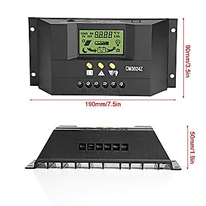 Jeanoko Solar Charge Controller Intelligent Full 3-Stage PWM 12V 24V 30A Solar Panel Charge Controller Regulator Adjustable LCD Display Overload Protection