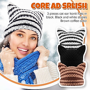 Hercicy 3 Pcs Women Knitted Cat Beanie Stripe Winter Warm Cap with Devil Horn Grunge Accessories Slouchy Hat Crochet Beanie with Ears (Classic Colors)