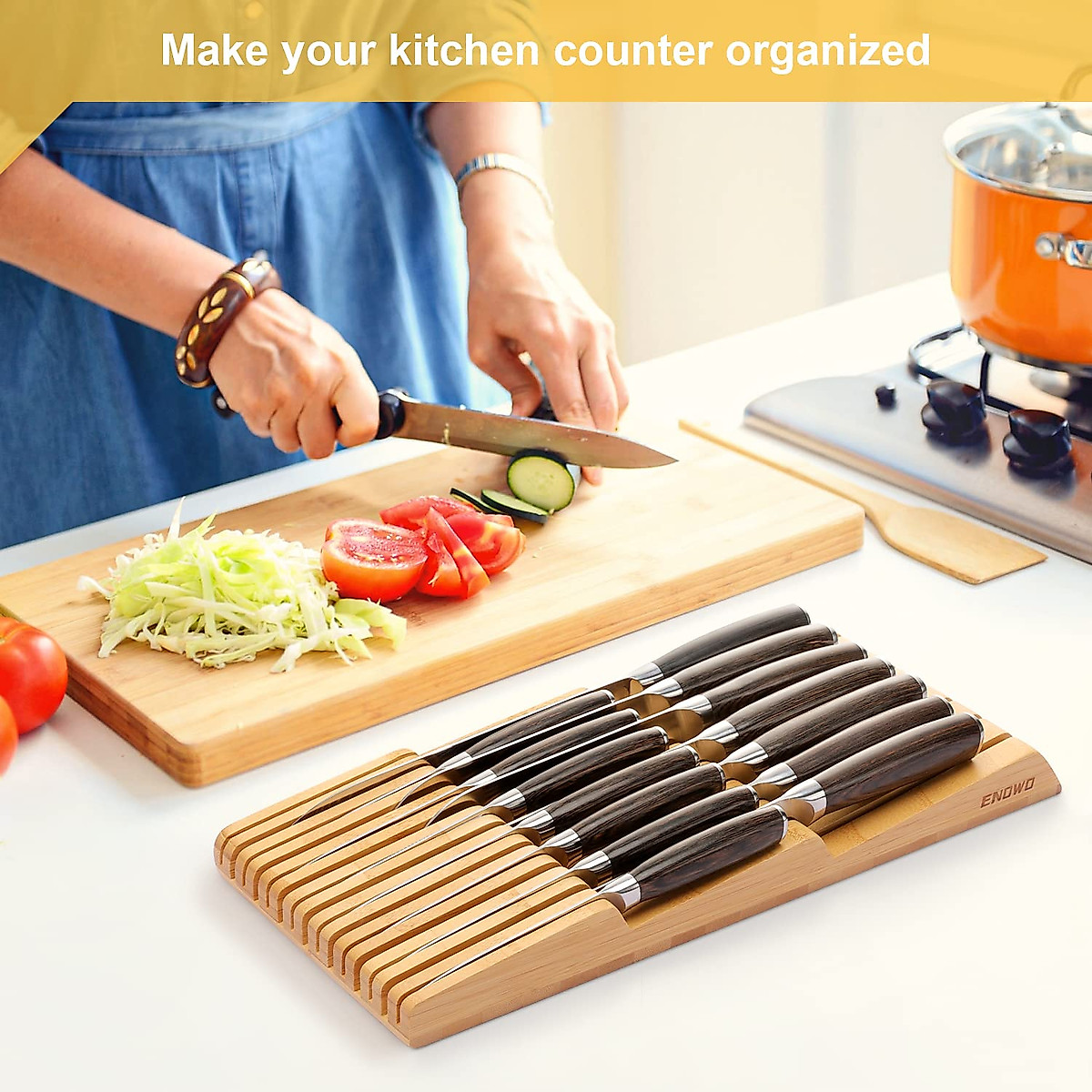 enowo Bamboo Knife Block Knife Drawer Organizer, Knife Holder for Kitchen Drawers Hold 15 Knives(Not included), Kitchen Knife Organizer Drawer Insert, Perfect for Home and Chefs