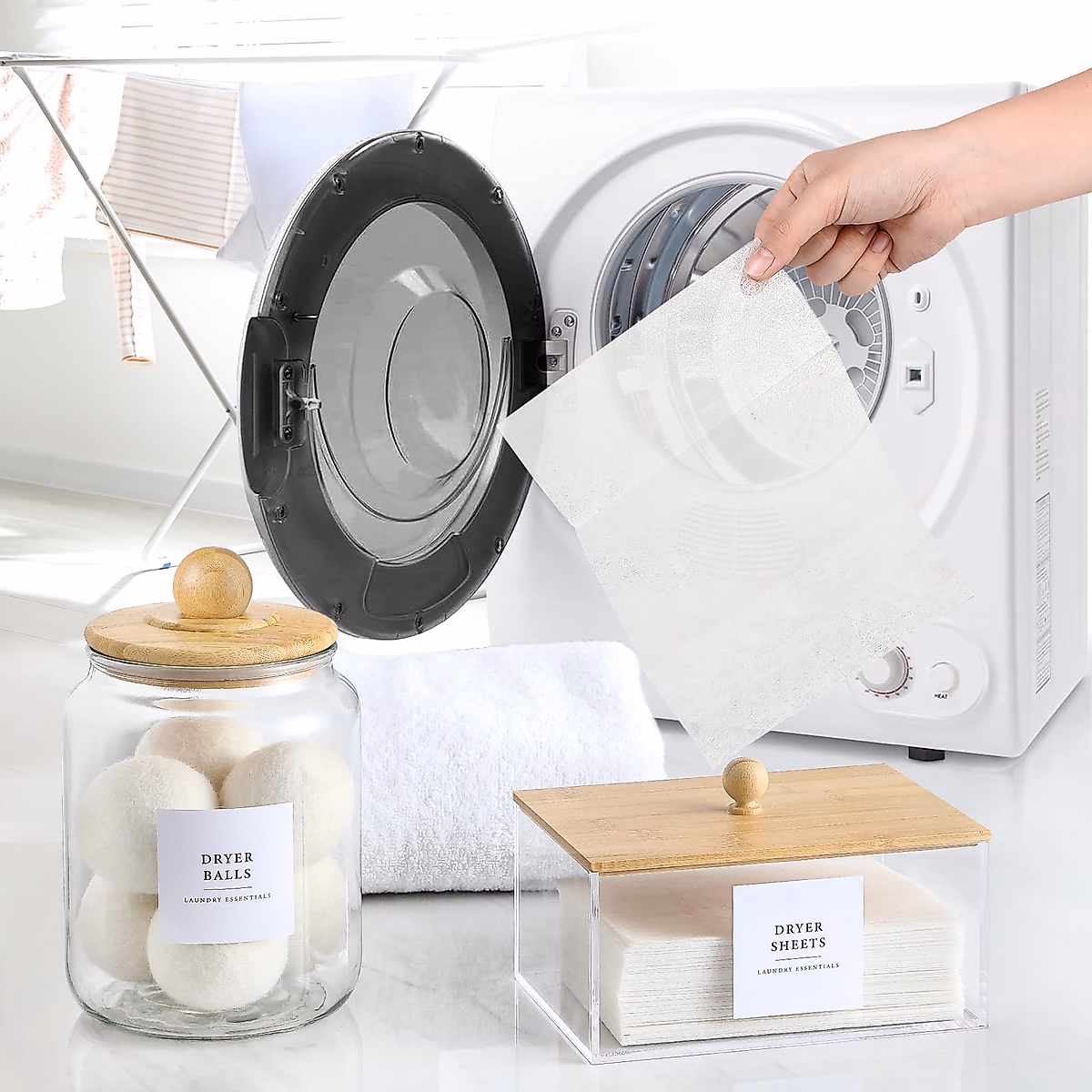 Glass Jars and Dryer Sheet Holder with Bamboo Lids, Dispenser Set and Labels, Containers for Laundry Room Organization and Storage, Half Gallon Airtight jars, Acrylic Storage Box for Laundry supplies