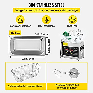 VEVOR 3L Upgraded Ultrasonic Cleaner (200W Heater,120W Ultrasonic) Professional Digital Lab Ultrasonic Parts Cleaner with Heater Timer for Jewelry Glasses Parts Cleaning