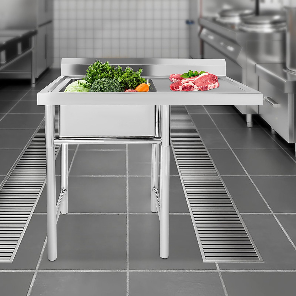 Utility Sink,Stainless Steel Kitchen Sink,Single Bowl Commercial Sink Drain Board Catering Prep Sink with Faucet and Sink for Restaurant,Laundry,Backyard,Garages 39.3 * 23.6 * 36.7inch(D)