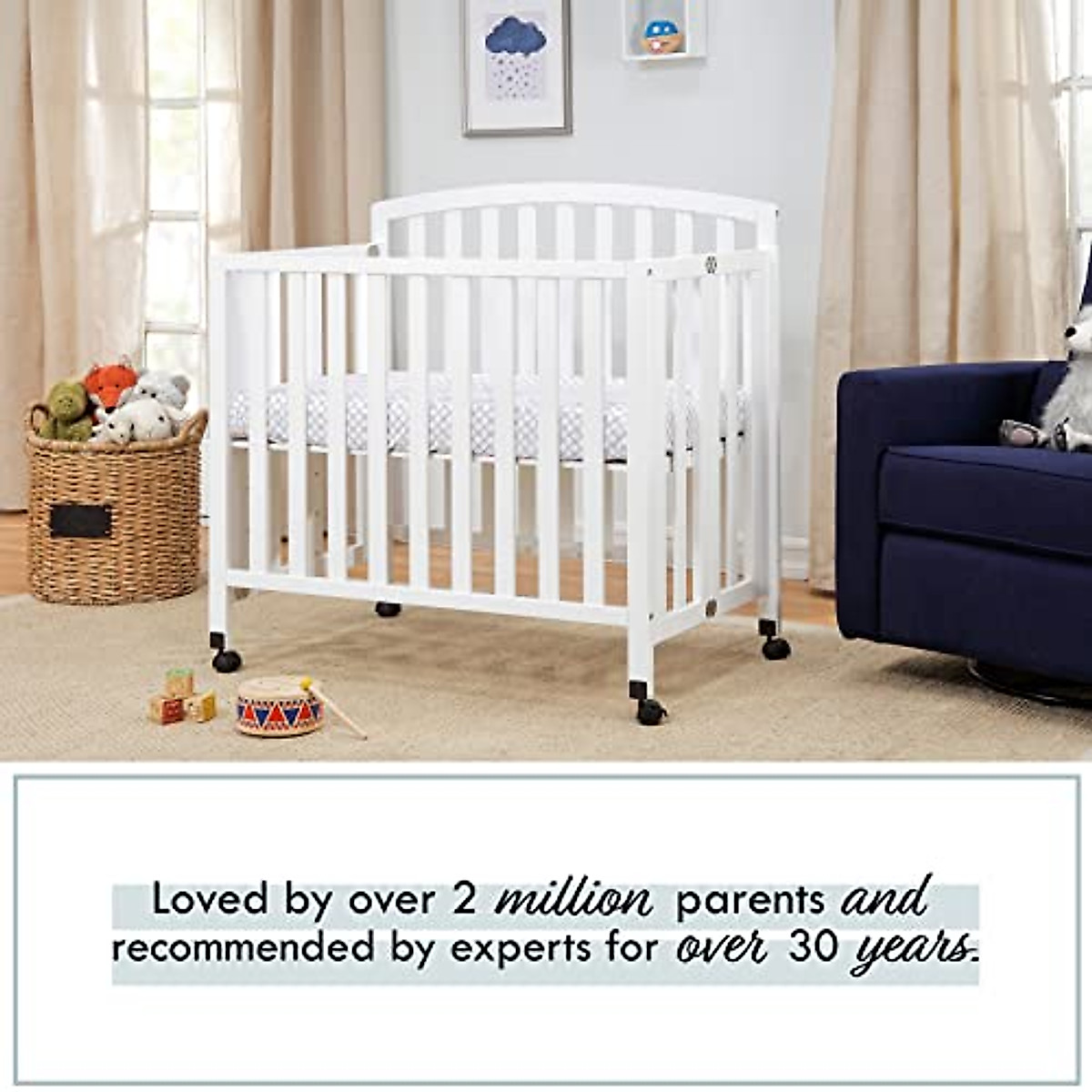DaVinci Dylan Folding Portable 3-in-1 Convertible Mini Crib and Twin Bed in White, Greenguard Gold Certified