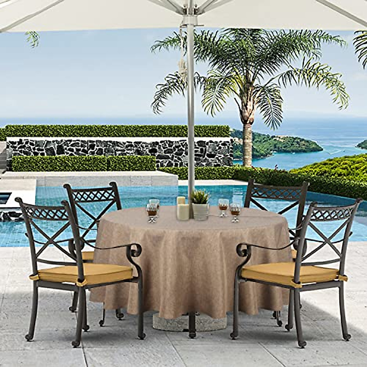 youngseahome Outdoor Tablecloth Wrinkle-Free Stain Resistant Waterproof Polyester Fabric Table Cover with Zipper Umbrella Hole for Picnic/Party/Dinner/Patio Garden(70inch Round,Zippered,Flax)