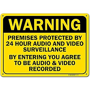 Warning 24 Hour Audio and Video Surveillance Sign,Made Out of .040 Rust-Free Yellow Aluminum, Indoor/Outdoor Use, UV Protected and Fade-Resistant, 10" x 14", by My Sign Center