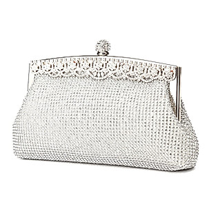 Mogor Women's Rhinestone Retro Crystal Clutch Bling Glitter Wedding Party Bridal Handbag Elegant Formal Evening Bag(Silver)