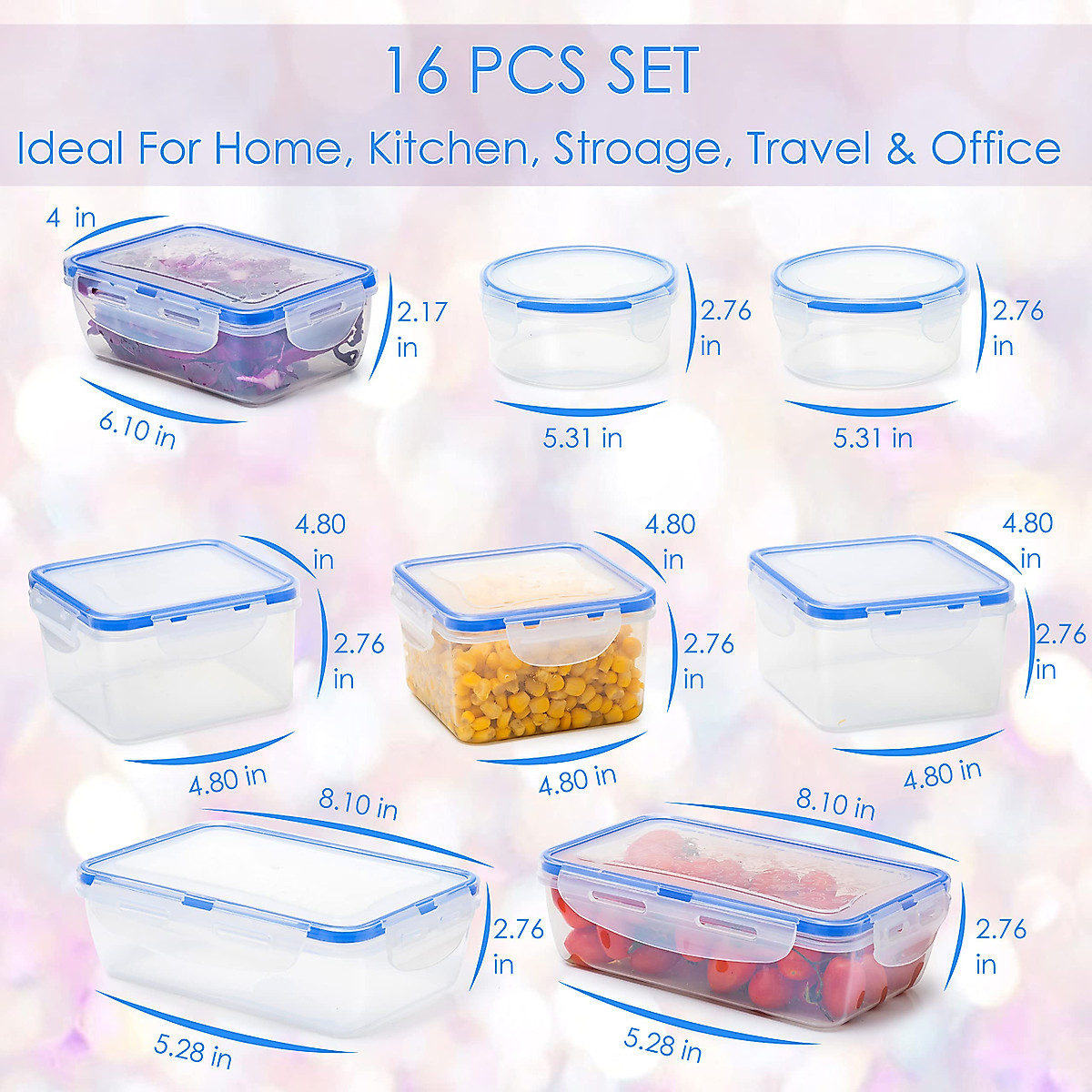 Moss & Stone Air Tight 16 Piece Plastic Food Storage Containers with Lids, Safe Lunch Box Set For DIshwasher and Microwave, Leak Proof Storage Containers For Food- BPA Free