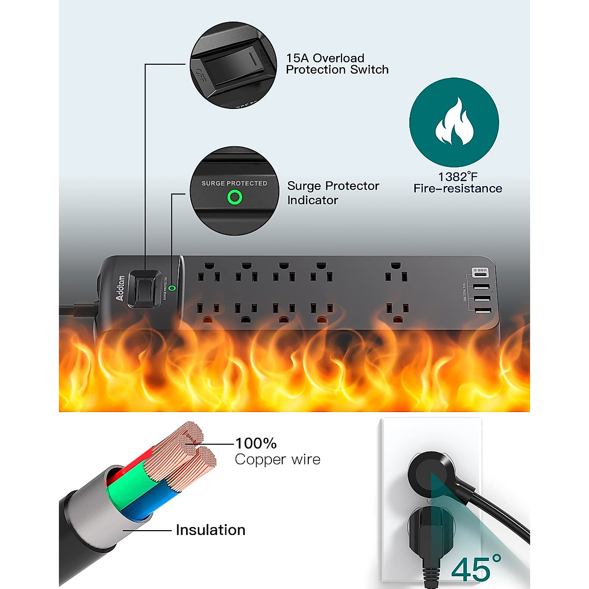 2 Pack Power Strip Surge Protector, 5 Widely Spaced Outlets 3 USB Charging Ports & Power Strip Surge Protector with 10 Outlets and 4 USB Ports