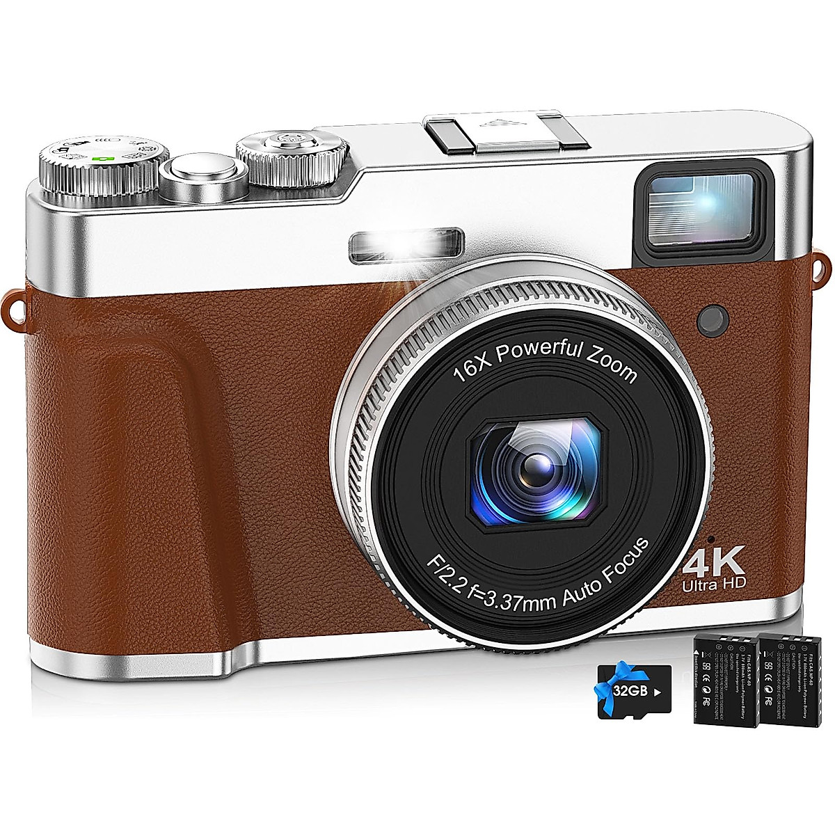 NEZINI 4K Digital Camera,Auto Focus 48MP Vlogging Camera for YouTube and Anti-Shake Video Camera with Viewfinder Flash & Dial,16X Zoom Travel Portable Camera with 32GB Card,2 Batteries