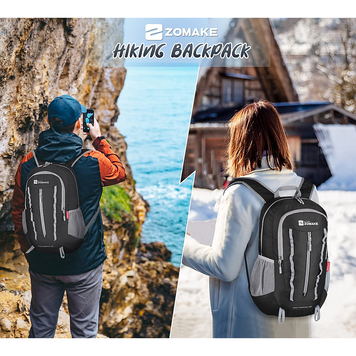 ZOMAKE Packable Hiking Backpack Water Resistant:32L Lightweight Foldable Backpacks - Small Packable Back Pack for Travel Camping Hiking Women Men (Black)