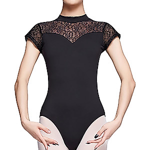 YCMI Women-Dance-Leotards-Lace-Turtleneck-Ballet-Bodysuit-Short-Sleeve-Dance-Gymnastics-Yoga-Leotards