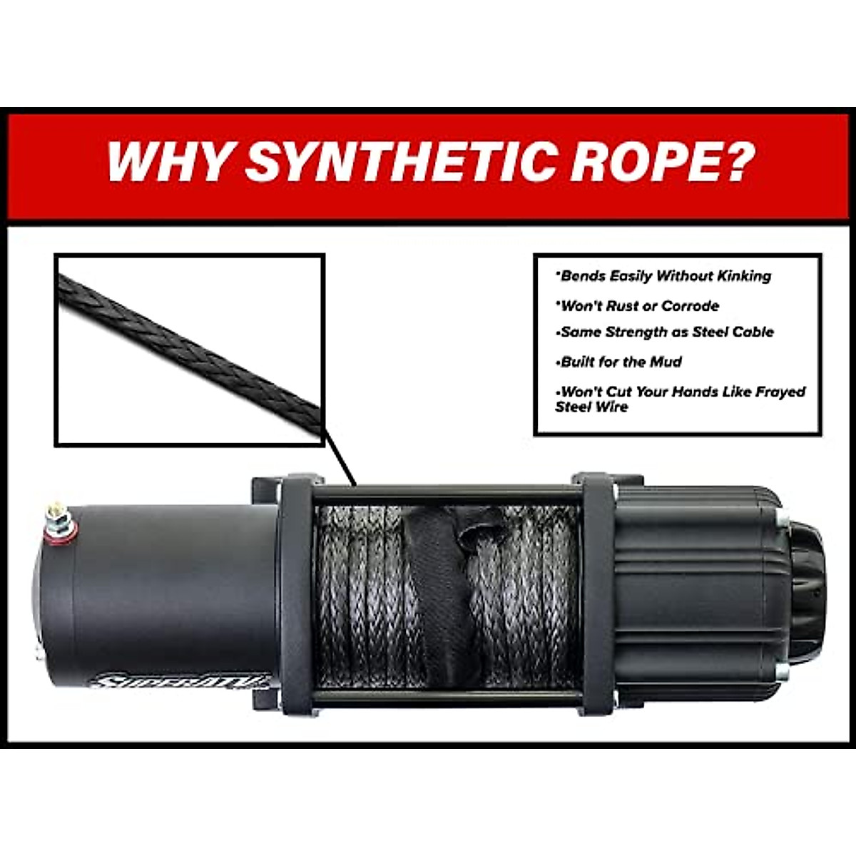 SuperATV Black Ops 2500 LB Winch Kit for UTV/ATV | Includes 50 Ft. Synthetic Rope | 12 Volt Winch | 1 HP Motor | Waterproof Seals and Solenoid | 166:1 Gear Ratio