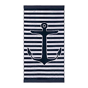 SUPERIOR 100% Egyptian Cotton, 450 GSM, Yacht Club Oversized Beach Towel (Set of 2) 34”x 64”, 2-Ply, High Absorbency Nautical Striped Anchor Pattern