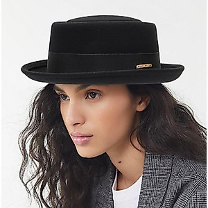Classic 1920s Pure-Wool Roll-Brim Pork- Pie Fedora-Hat Men Women - Crushable Short-Brim Church Hat Boater-Hat Black