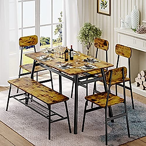Gizoon 6-Piece Dining Table Set for Home, Kitchen, Dining Room with Storage Racks, Rectangular Kitchen Table with Bench, 4 Chairs, Steel Frame, Brown
