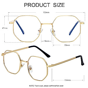 JOVAKIT Polygon Blue Light Blocking Glasses for Women Men Vintage Octagon Square Non-prescription Metal Eyeglasses (Gold)