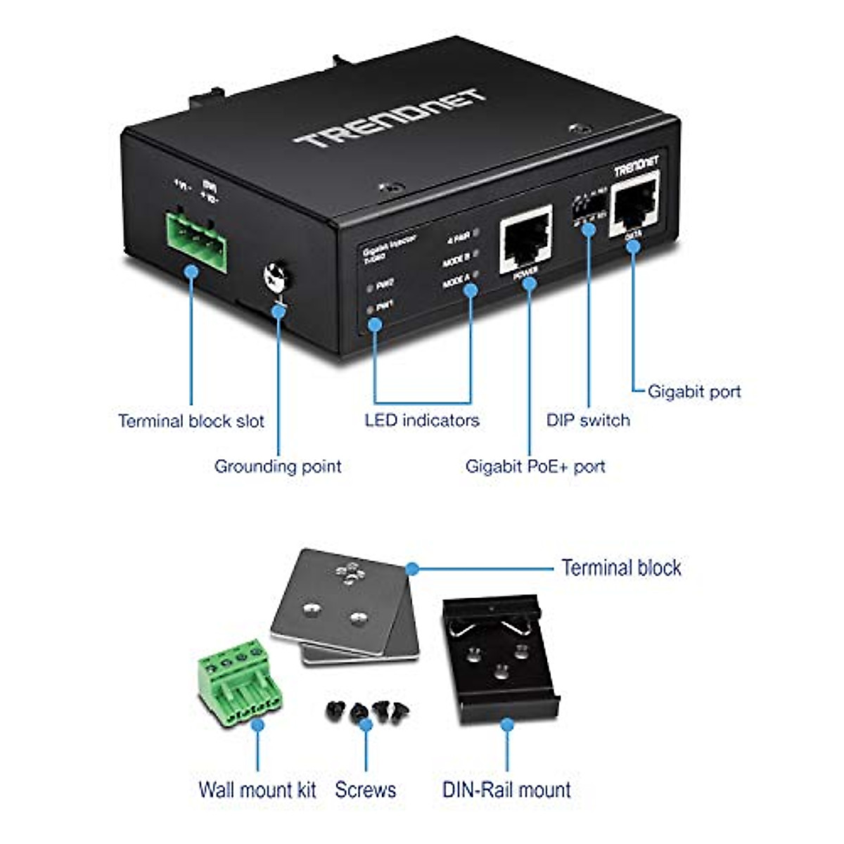 TRENDnet Hardened Industrial 60W Gigabit PoE+ Injector, DIN-Rail Mount, IP30 Rated Housing, Includes DIN-Rail & Wall Mounts, TI-IG60,Black