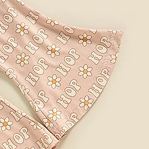 Toddler Baby Girl Easter Outfit Short Sleeve Bunny Rabbit Cotton T-Shirt Casual Floral Bell Bottoms Flare Pants (Khaki,6-12 Months)