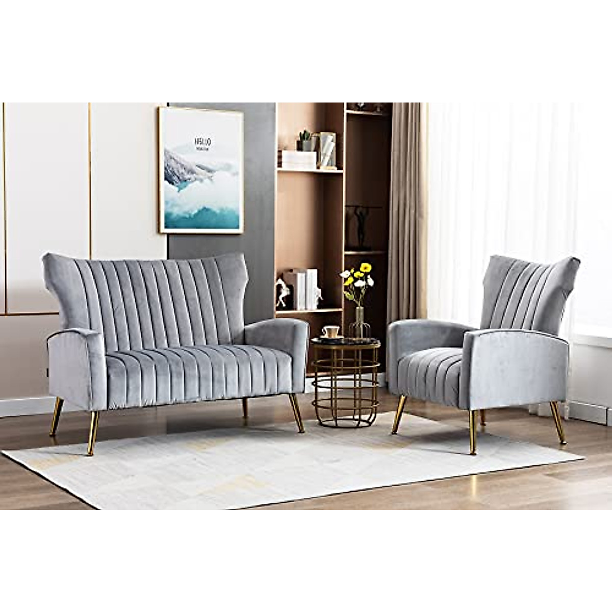 Artechworks Tufted Contemporary Velvet Wingback HighBack Loveseat Sofa Chair Upholstered Couch with Gold Metal Legs Two-Seat Sofa for Living Room Bedroom Apartment Small Space Dorm, Grey