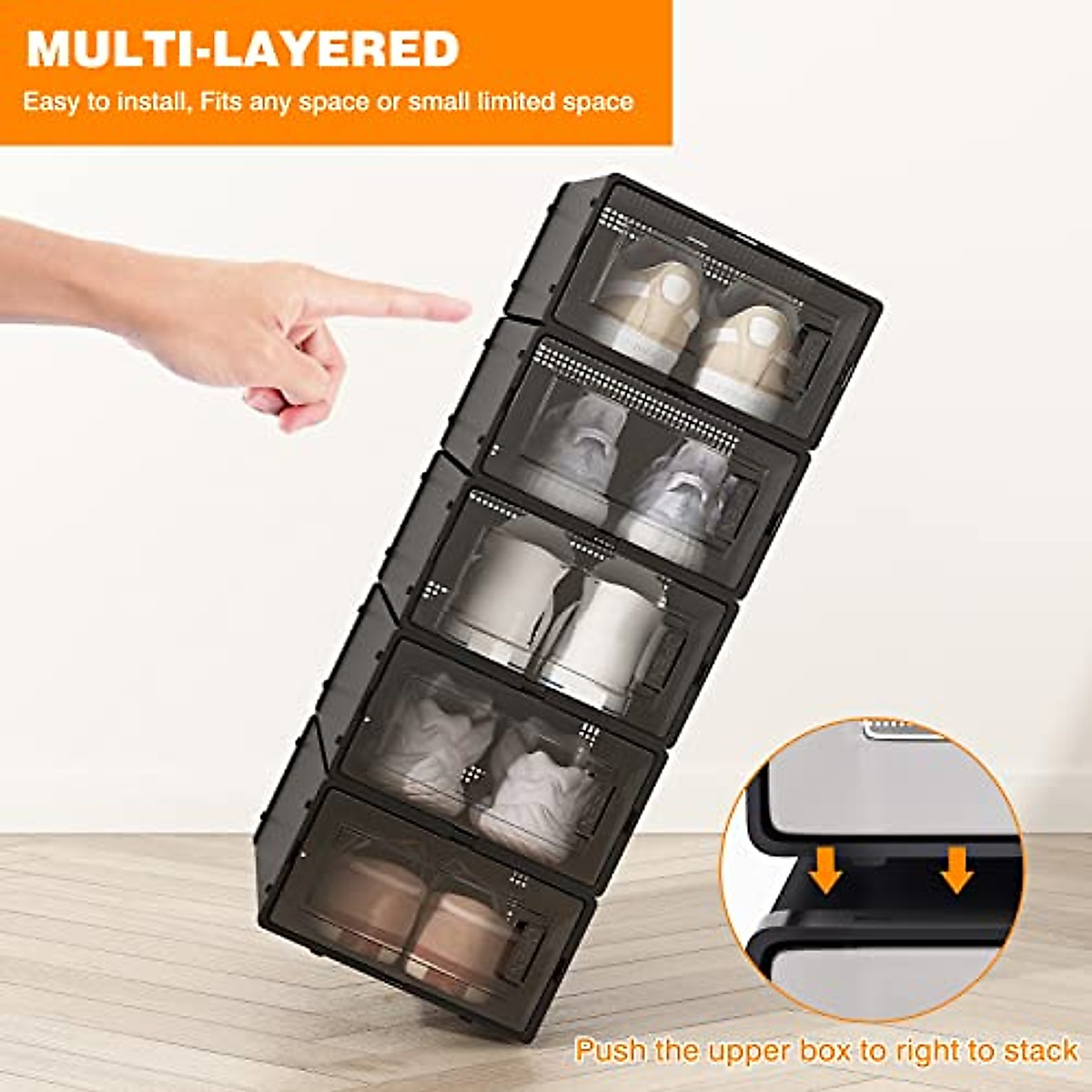 Fixwal Clear Shoe Storage Boxes Stackable, 12 Pack Large Shoe Storage Box with Front Opening Lids, Shoe Container Boxes for Closet Bedroom Bathroom, 13.1 x 9 x 5.5 Inches, Black