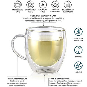 Teabloom Double Walled Cups – 8 oz / 250 ml – Set of 2 Insulated Glass Cups for Tea, Coffee, Espresso, and More – Clarity Collection