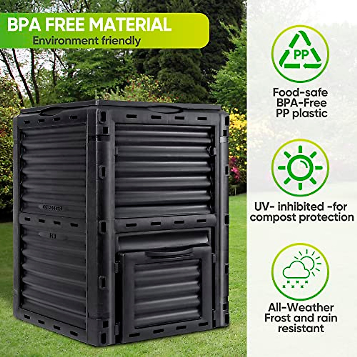 F2C Garden Compost Bin from BPA Free Material -80 Gallon(300 L) Large Compost Bin Aerating Outdoor Compost Box Easy Assembling, Lightweight, Fast Creation of Fertile Soil, Black