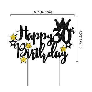 Happy 30th Birthday Cake Topper, Black Glitter Star 30 & Fabulous Birthday Cake Pick for 30th Birthday Anniversary Party Cheers to 30 Cake Decorations Supplies