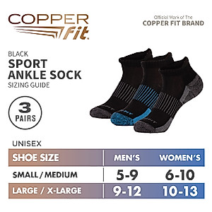 Copper Fit Unisex Adult Ankle Length Sport Socks, Black, Small-Medium US