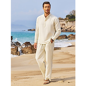 COOFANDY Men's 2 Pieces Cotton Linen Set Long Sleeve Henley Shirts Casual Beach Pants With Pockets Summer Yoga Outfits