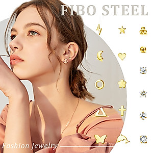 FIBO STEEL 16 Pairs Small Stud Earrings for Women Surgical Steel Tiny Cartilage Helix Ear Piercing Dainty Star Moon Cross Ball Heart CZ Earrings Set Gold tone