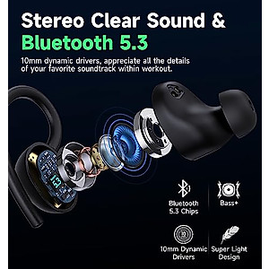 KORSKR Wireless Earbuds Bluetooth 5.3 Ear Buds 42Hrs Playtime Bluetooth Headphones with Charging Case Stereo Bass Over-Ear Earphones with Earhooks Built-in Mic Waterproof Headset for Sports Black