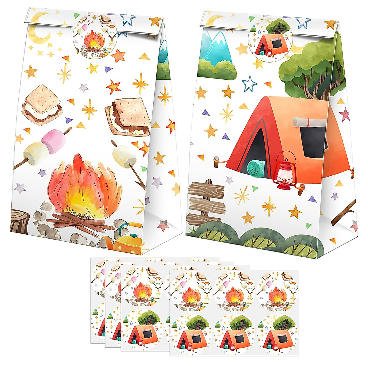 XGELUL Camping Party Favors Candy Bags with Stickers - S’mores Goodie Gift Treat Bags - Camping Themed Birthday Party Supplies
