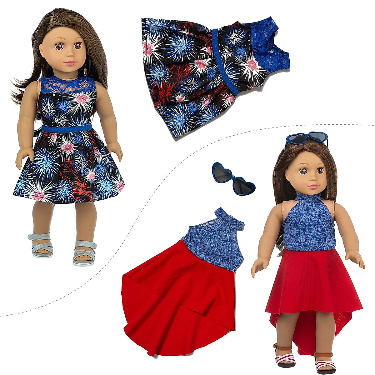 XFEYUE 22 Pcs American 18 inch Doll Clothes Gifts and Accessories, Fit 18 inch Doll - Including 10 Sets of Various Styles Doll Clothes, Hair Clips and Sunglasses Handbags