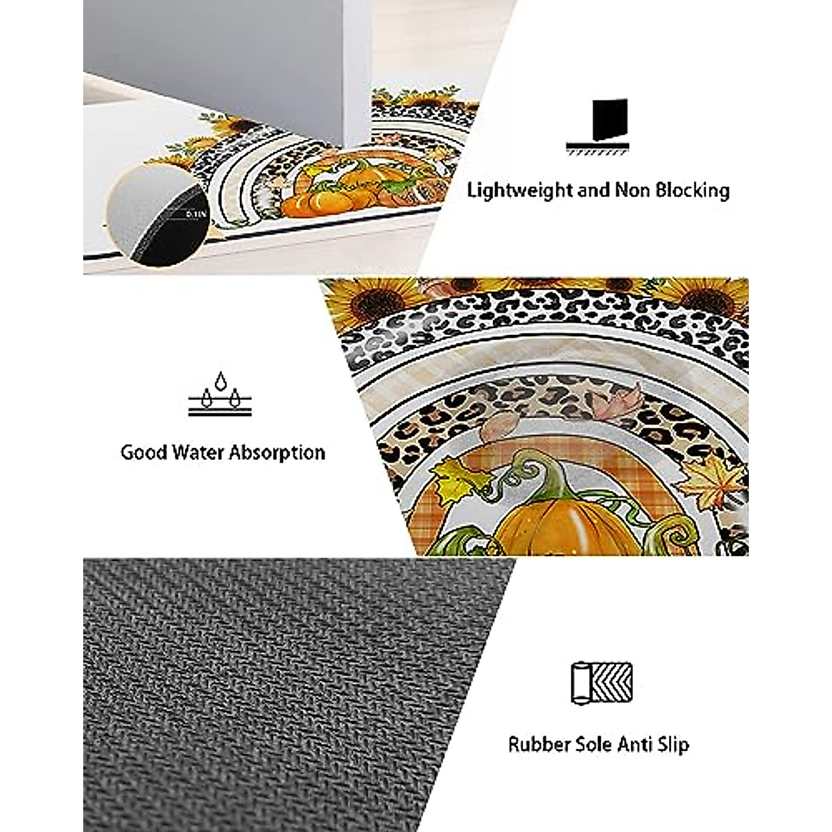 Thanksgiving Day Super Absorbent Bath Rugs for Bathroom,Durable Floor Mat Laundry Rug, Clearance Mats for for Kitchen, Non Slip Carpt Doormats 20"x32", Leopard Pumpkins Sunflowers Fall Theme