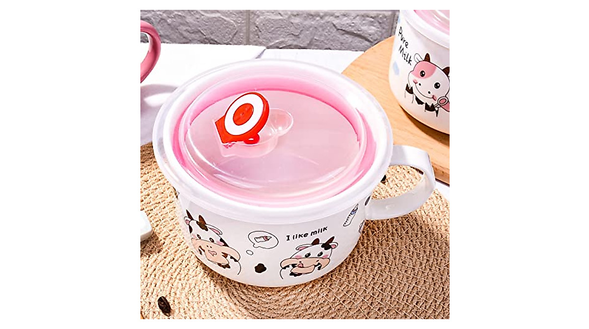 Ceramic Bowl with Lid and Handle,Cute Cows Design,Microwave for Instant ...