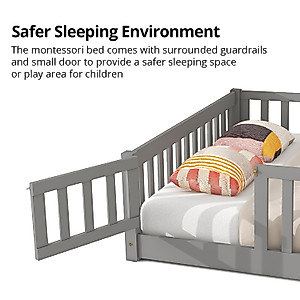 LLS Twin Floor Bed for Children, Durable Montessori Floor Bed with Wood Slats, Safety Fence & Small Door for Girls Boys, Gray (with Bed Slats)