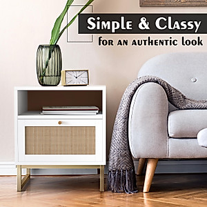 Our Modern Space Large Modern Rattan Nightstand | Boho Wood Accent Table with Storage Cabinet | Natural Light Wooden End Table - White