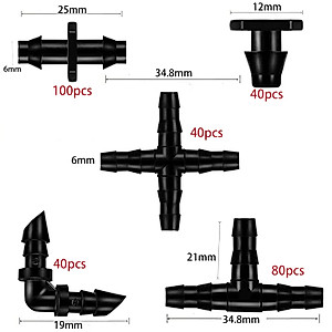 HOINCO 300Pcs Barbed Connectors Irrigation Fittings Kit, Drip Irrigation Barbed Connectors for 1/4 Inch Tube, for Flower Pot Garden Lawn (Elbows, End Plug, Straight Barbs, Tees, 4-Way Coupling)