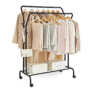 SONGMICS Clothes Rack, Double-Rod Clothing Rack with Wheels, Heavy-Duty Metal Frame, Garment Rack, 220 lb Max. Total Load, 40.7 Inches Wide, Clothes Storage and Display, Black UHSR107B01