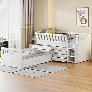Merax L-Shaped Space-Saving Twin Loft and Platform Bed with 7 Drawers and Full Guardrails, Wooden Bedframe for Boys Girls Adult, No Spring Box Needed, White