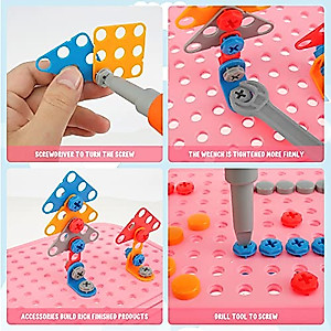211 Pcs Creativity Tool Box, Electric Drill Puzzle Toys for Kids STEM Educational Building Toys Learning Kit with Electric Drill Screw Tool Set Educational Toys for Kids Boys and Girls Gift (Pink)