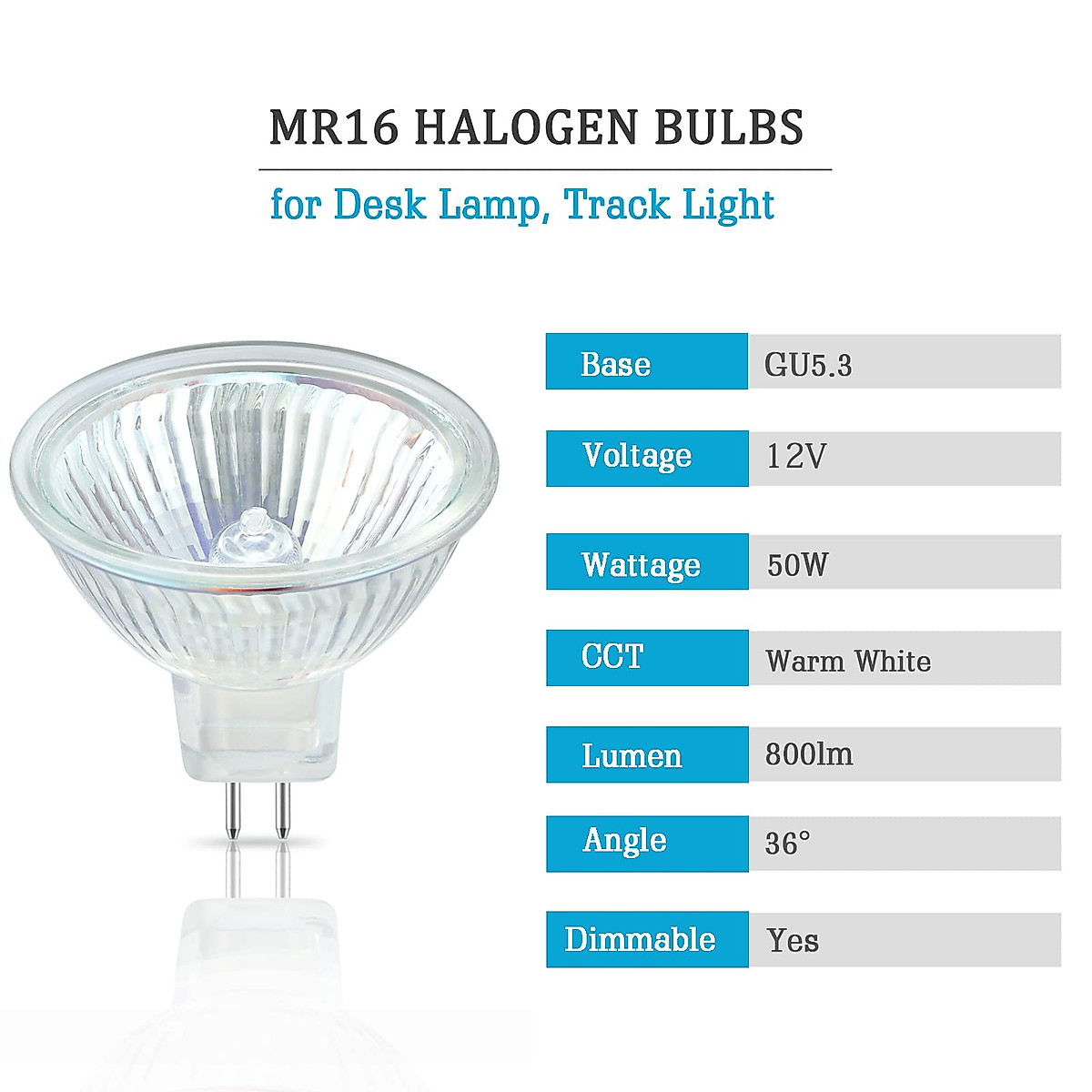 XBOCMY MR16 Halogen Light Bulbs, 6 Pack 50W 12V GU5.3 Bi-Pin Base, Dimmable Spotlights with Glass Cover for Living Rooms, Landscape, Track Lights, Desk Lamps, Fiber Optics