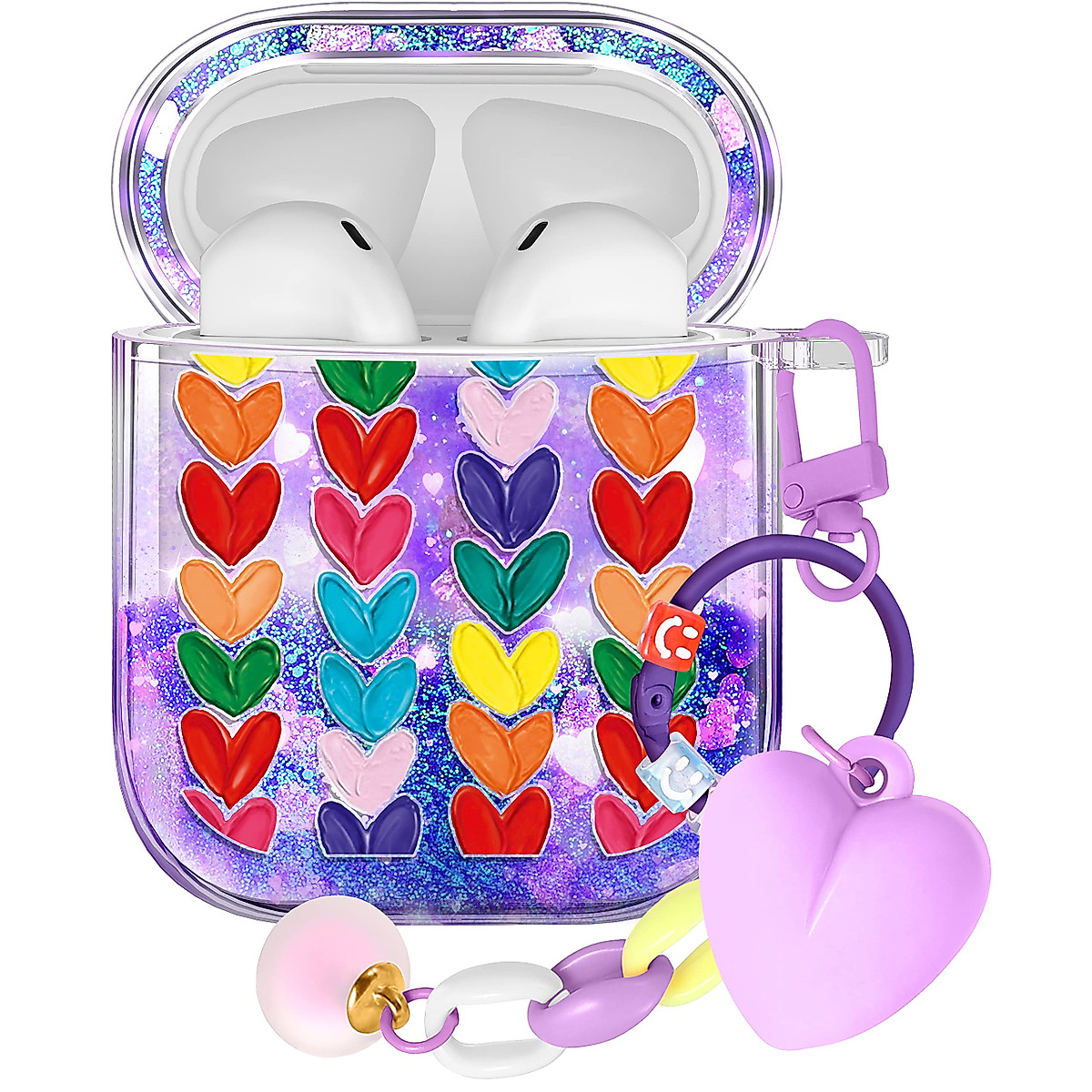 Kokaaee for Airpod Case 2nd & 1st Generation Cover Kawaii Funda Cute Aesthetic Girl Women Protector Liquid Glitter Bling Sparkly Heart Design Estuche Keychain Y2K Girly for Apple Air Pod 1/2 Gen