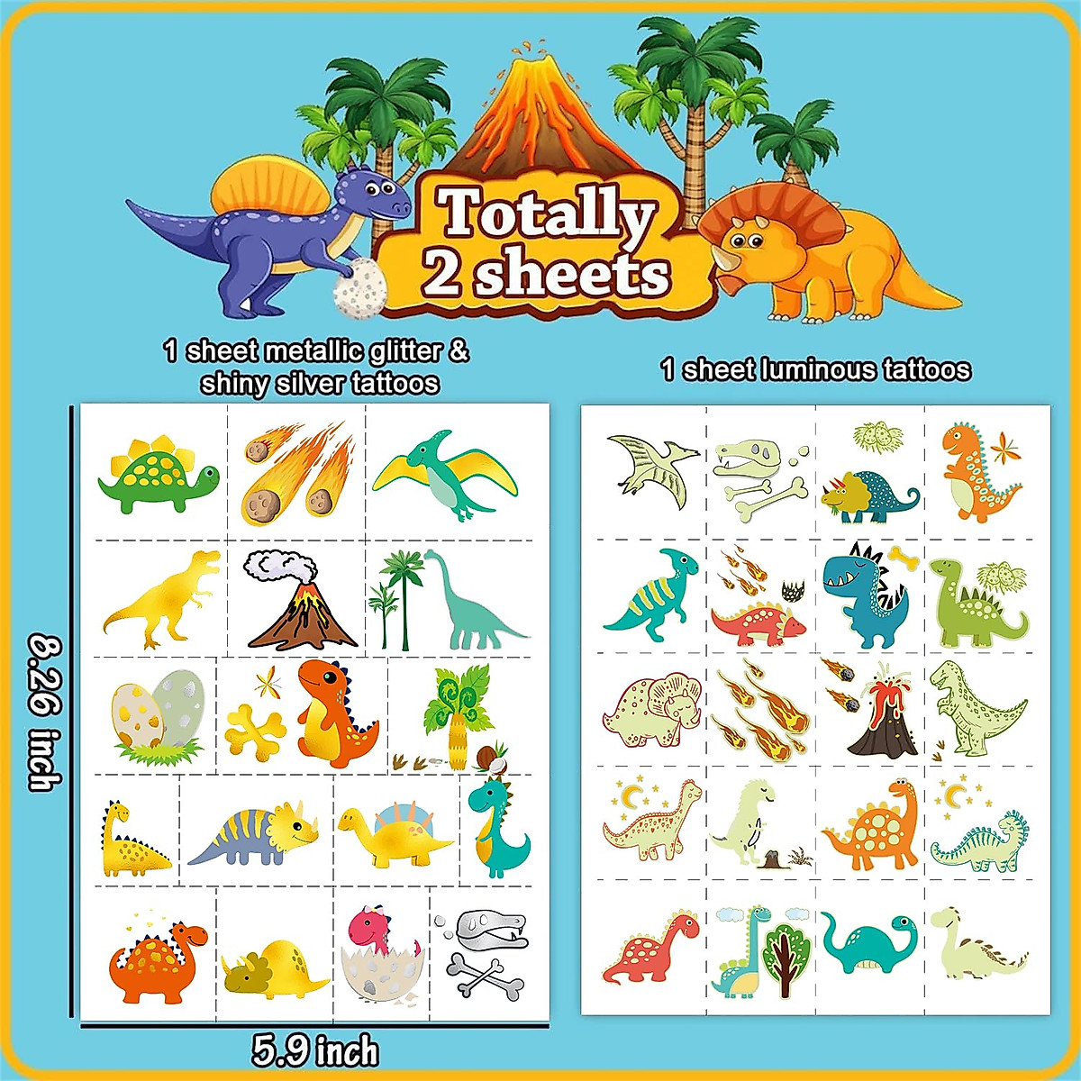 Leesgel Dinosaur Temporary Tattoos for Kids, Dinosaur Stickers, Dinosaur Birthday Party Supplies Decorations (37 Styles Glow + Metallic Glitter)