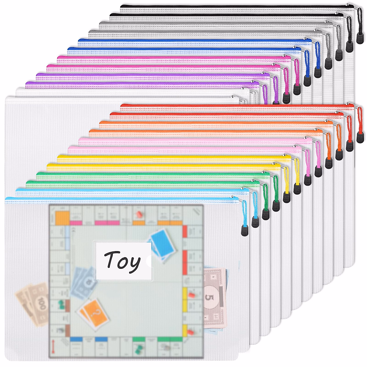 EOOUT 24pcs Mesh Zipper Pouch, Zipper Bags, Document Bag with Label Pocket, Plastic Zip File Folders, 16.9x12 in A3 Size, Puzzle Bags for Organizing, for Board Game School Office Supplies Home Storage
