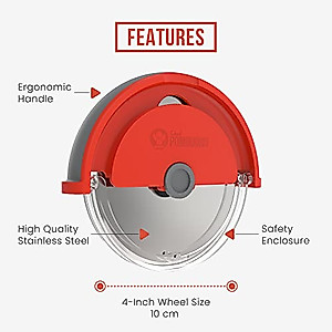 Chef Pomodoro Pizza Cutter Wheel with Protective Cover Blade Guard, Easy to Clean, 4-Inch Super Sharp Slicer, Stainless Steel Kitchen Gadget, Pizza Making Accessories (Orange)