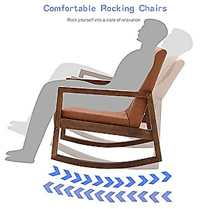 CIMOTA Leather Modern Rocking Chair Mid Century Armchair Upholstered Arm Chair with Padded Seat/Wood Frame, Comfy Rocker for Living Room/Bedroom, Retro Brown PU